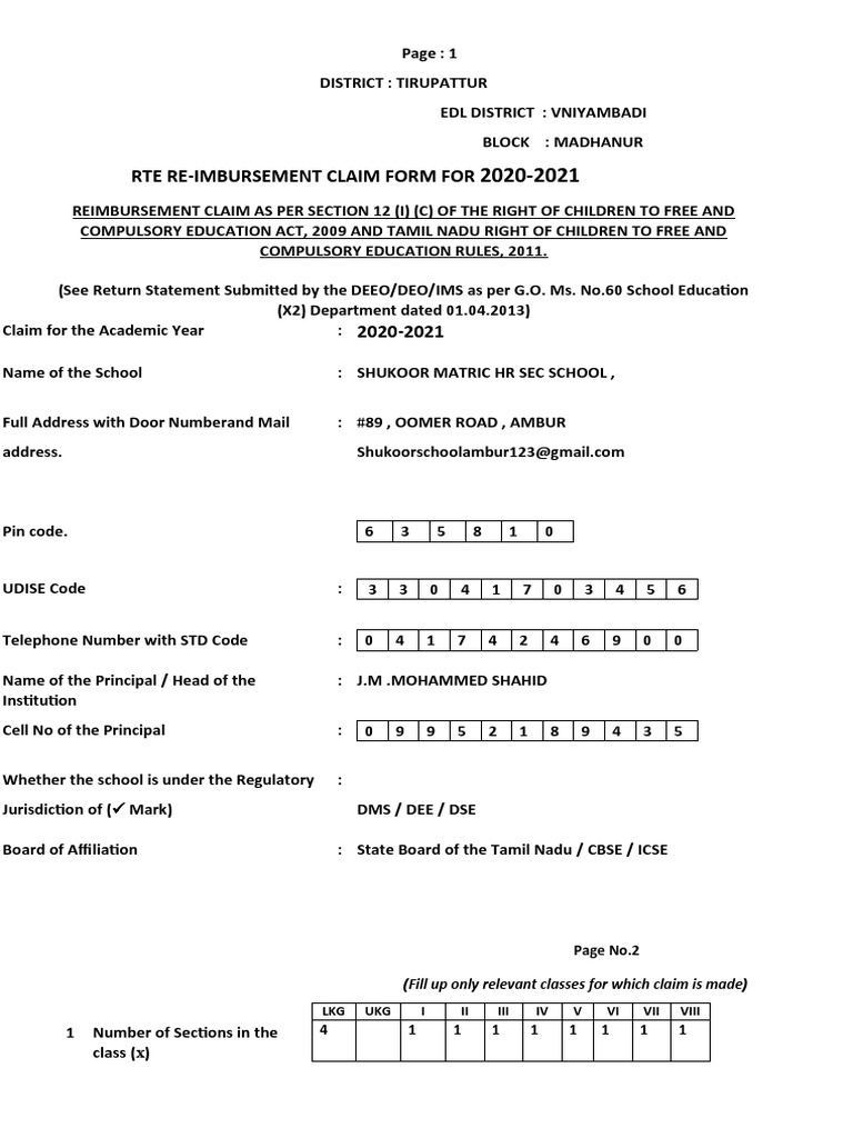 RTE Reimbursement Claim Form 2020-21 | PDF | Government | Business