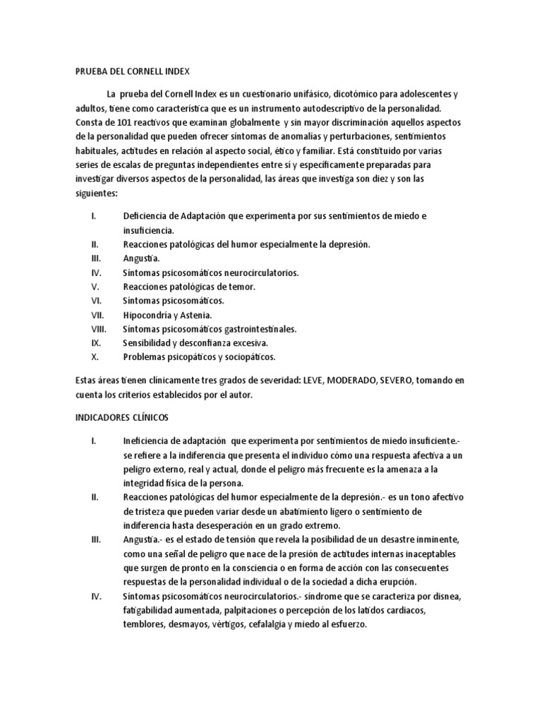 Prueba Del Cornell Index | PDF | Temor | Depresión (estado de ánimo)