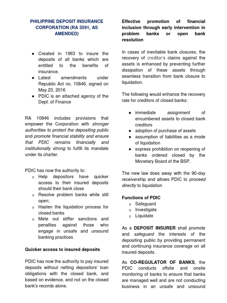 Philippine Deposit Insurance Corporation (Ra 3591, As Amended) | PDF ...