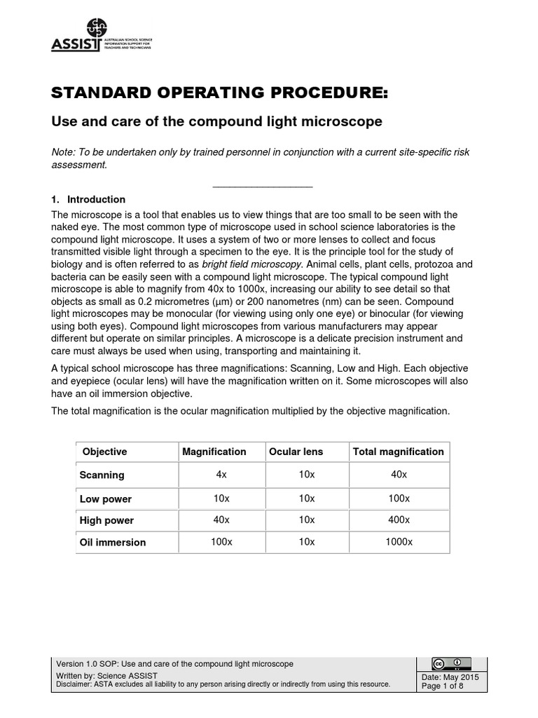 SOP - Use and Care of The Compound Light Microscope | PDF | Microscope ...