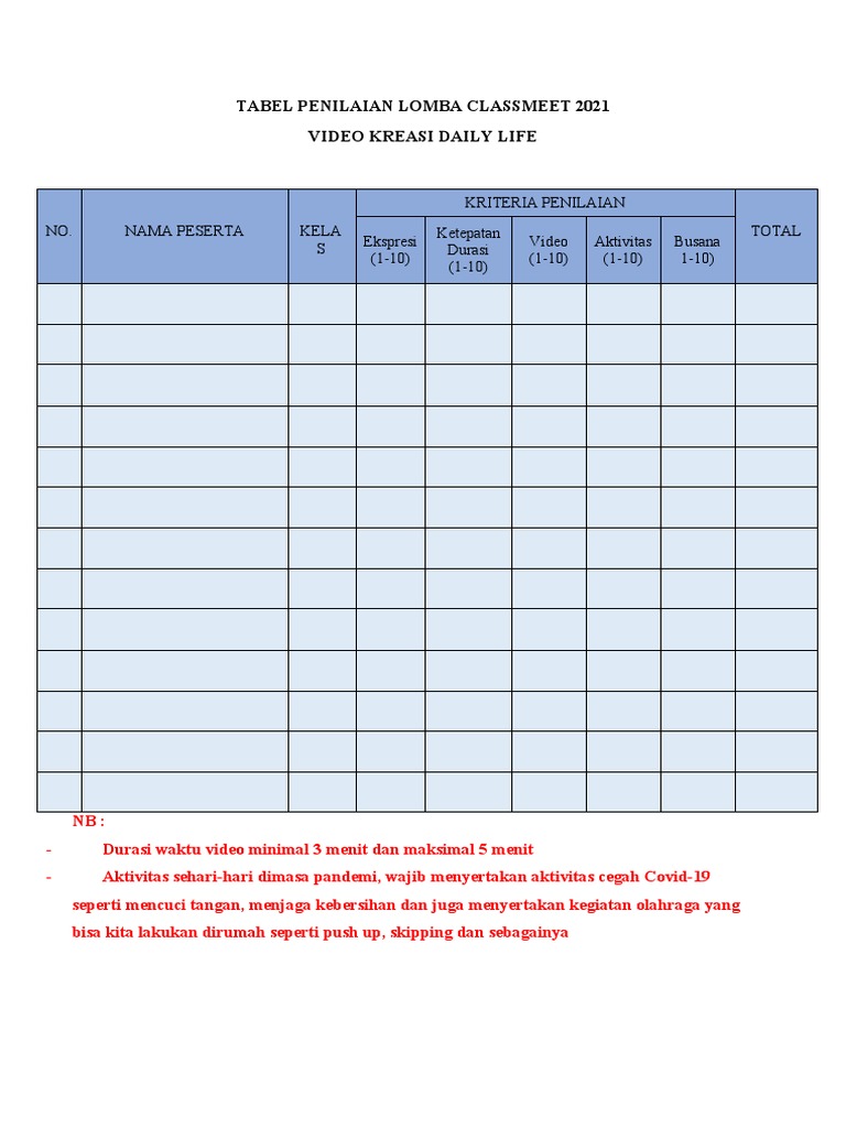 Form Penilaian Lomba Classmeet 2021 | PDF | Seni