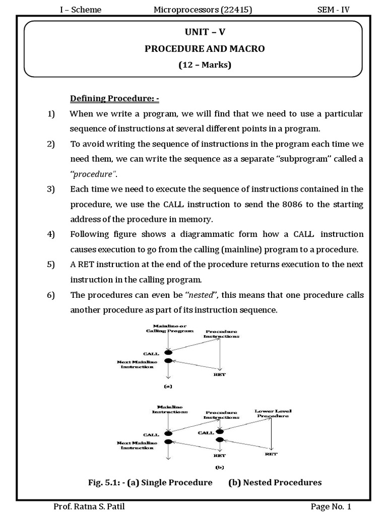 Unit - V Procedure and Macro: (12 - Marks) | PDF | Subroutine | Assembly Language
