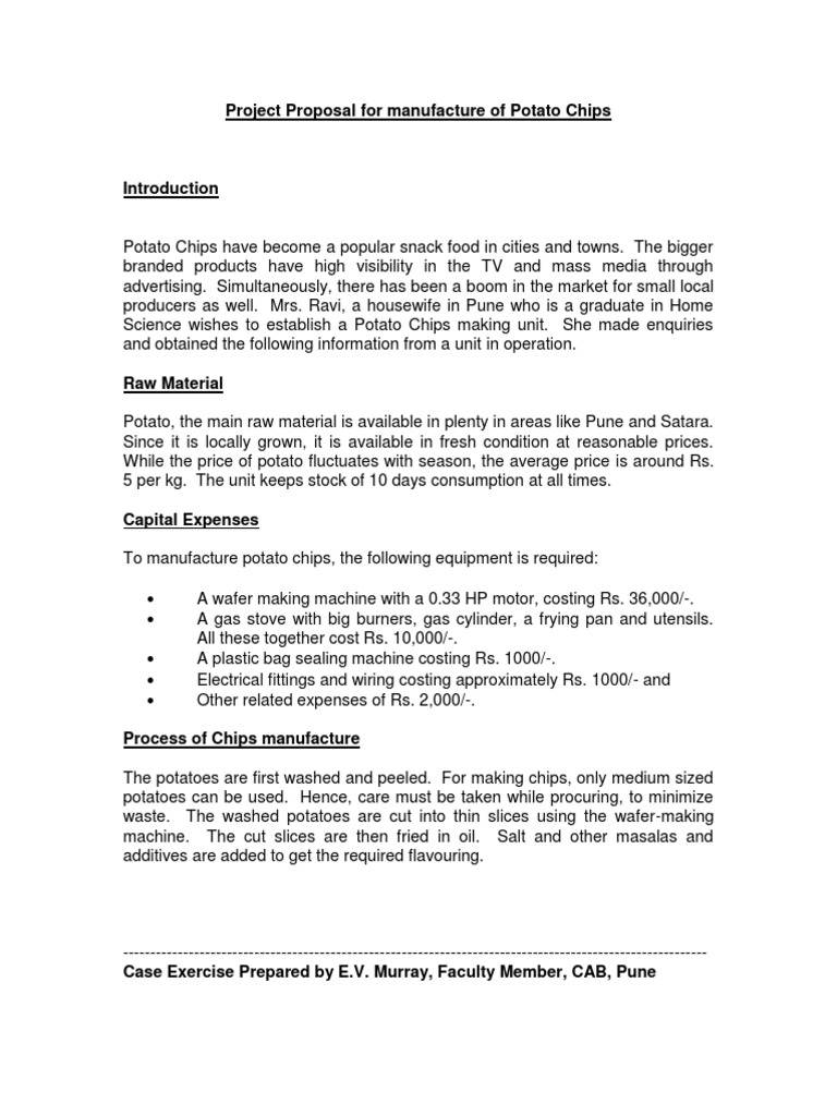 Project Proposal For Manufacture of Potato Chips | PDF | Potato Chip ...