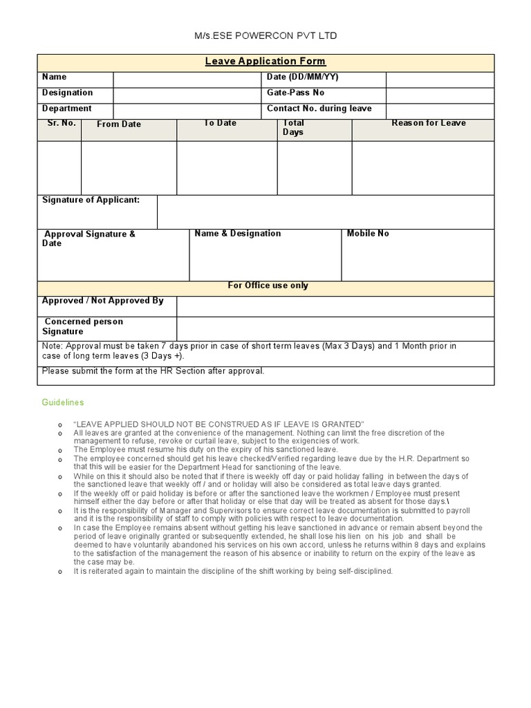 Leave Application Form: M/S.Ese Powercon PVT LTD | PDF | Justice ...