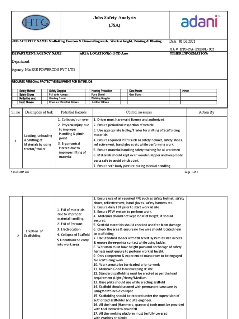Jobs Safety Analysis (JSA) | PDF | Personal Protective Equipment ...