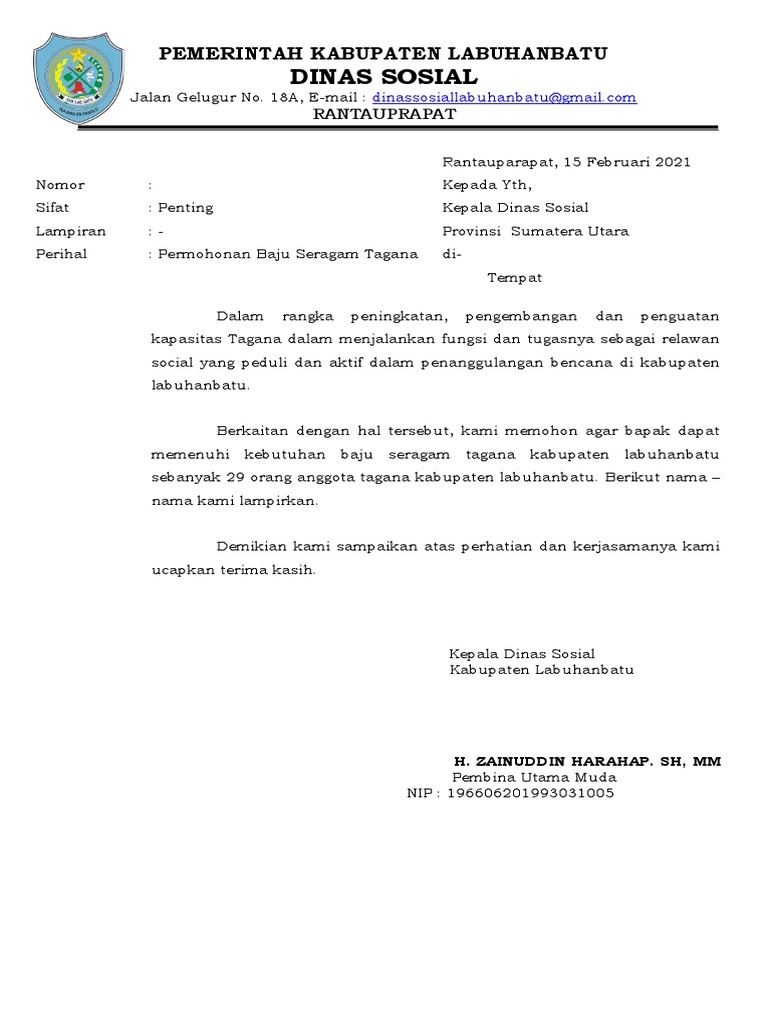 Permohonan Baju Seragam untuk Tagana Kabupaten Labuhanbatu | PDF