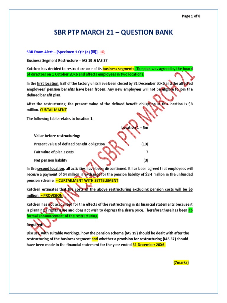 SBR PTP March 21 - Question Bank: SBR Exam Alert - (Specimen 1 Q1: (A ...