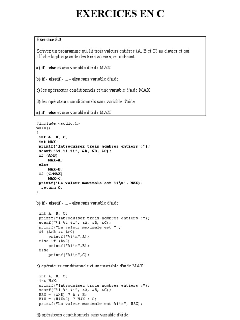 Exercices En C Pdf Analyse Mathématique Concepts Mathématiques