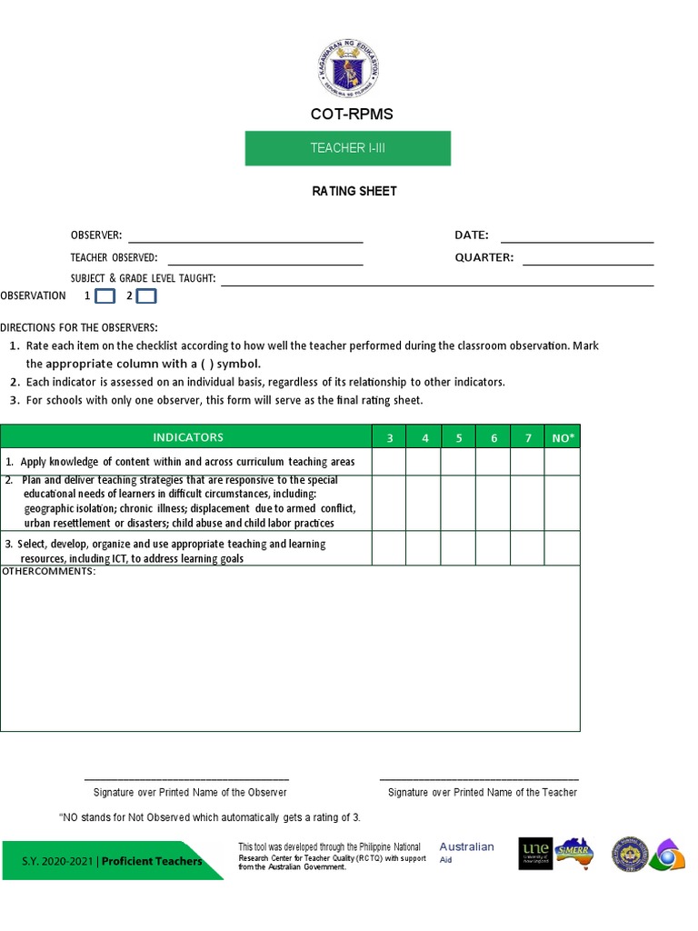 COT-RPMS Rating Sheet For T I-III For SY 2020-2021 in The Time of COVID ...