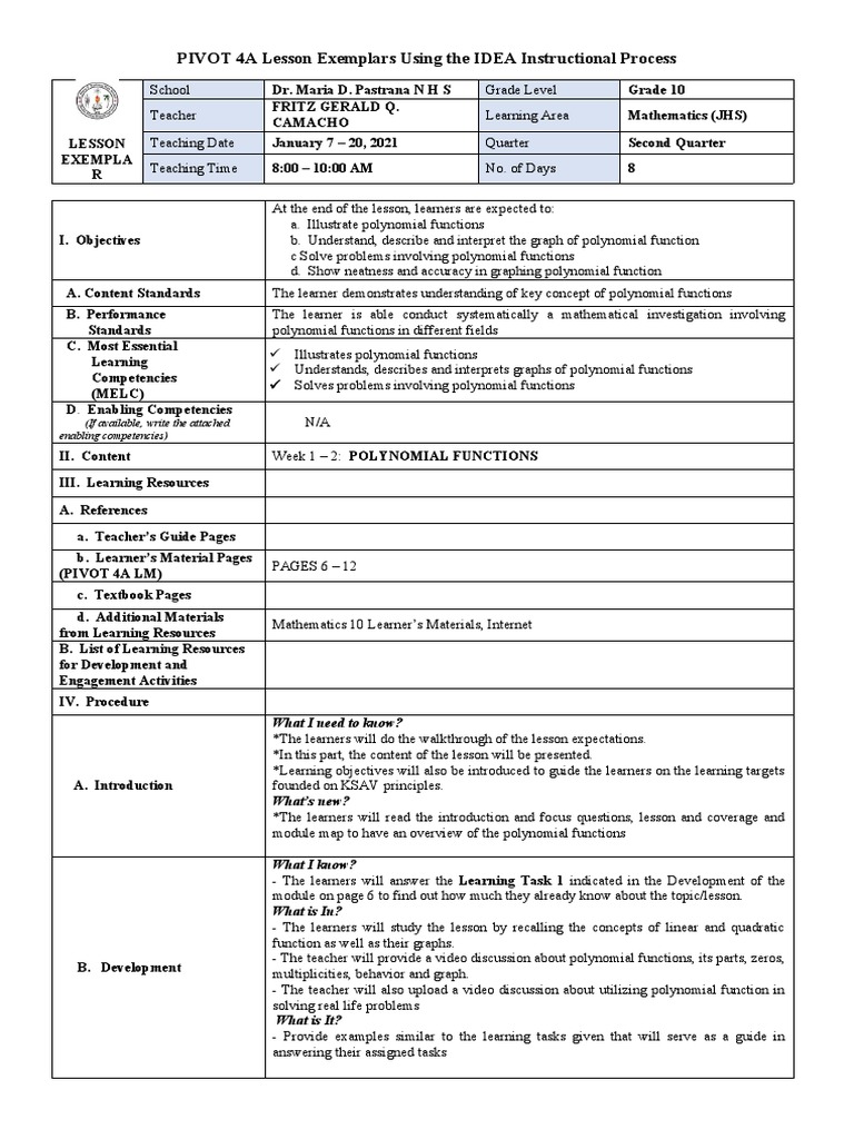 PIVOT 4A Lesson Exemplars Using The IDEA Instructional Process | PDF ...