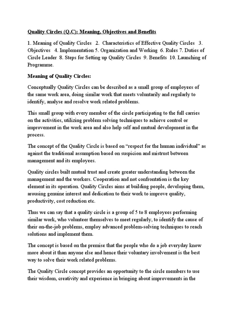 Quality Circles (Q.C) : Meaning, Objectives and Benefits | PDF | Six ...