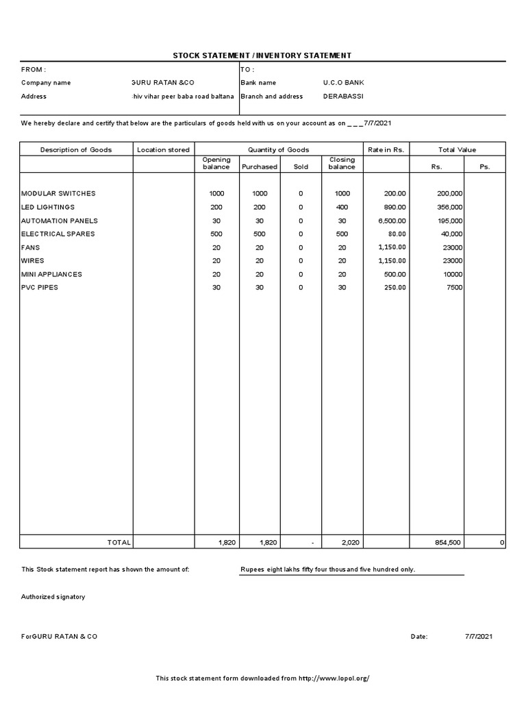 Stock Statement / Inventory Statement: From: TO | PDF | Business