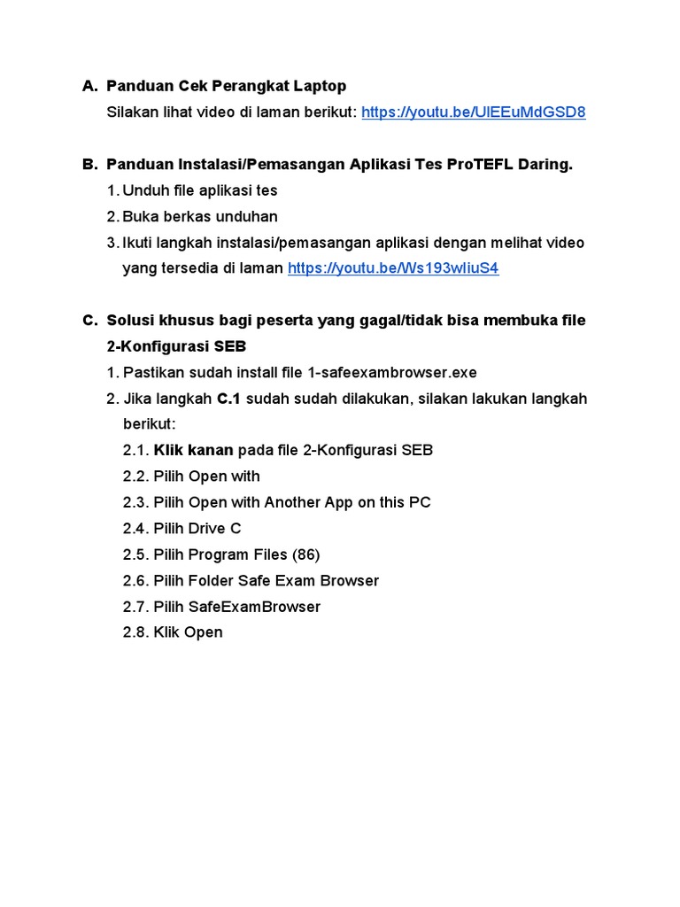Panduan Instalasi - Pemasangan Aplikasi Tes ProTEFL Daring | PDF Panduan Instalasi - Pemasangan Aplikasi Tes ProTEFL Daring | PDF