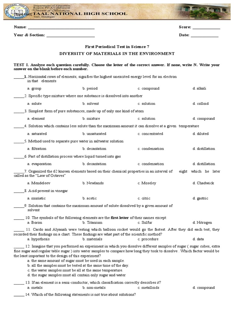 First Ptest in Science 7 | PDF | Solution | Chemical Elements