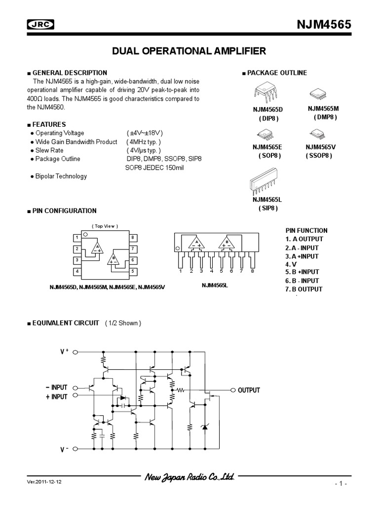 Dual Operational Amplifier: NJM4565D, NJM4565M, NJM4565E, NJM4565V NJM4565L | PDF | Operational ...