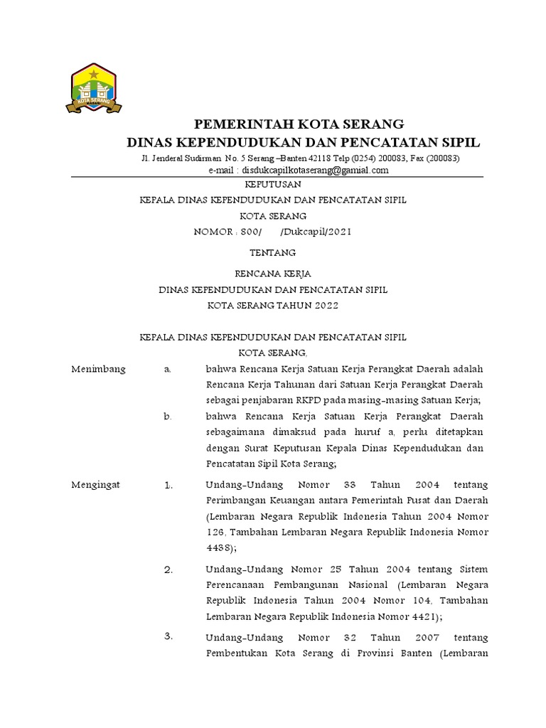 Rencana Kerja Disdukcapil 2022 | PDF