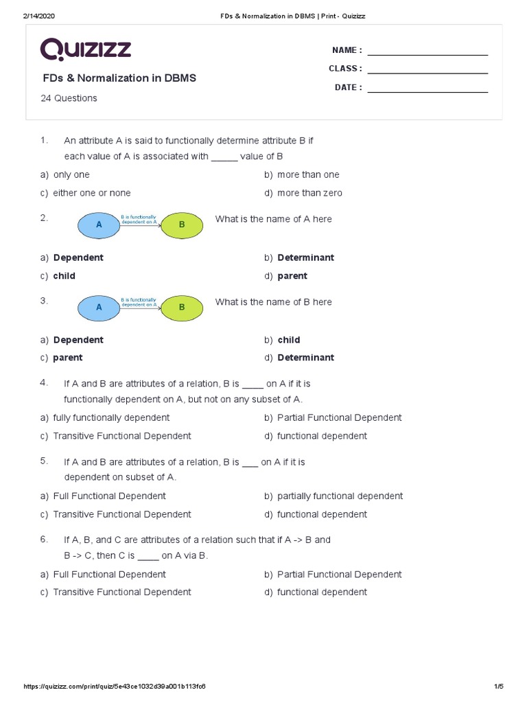 10-FDs & Normalization in DBMS - Print - Quizizz | PDF | Information ...