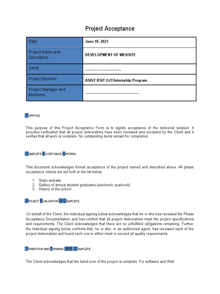 Project Acceptance: Date Project Name and Description Client Project ...