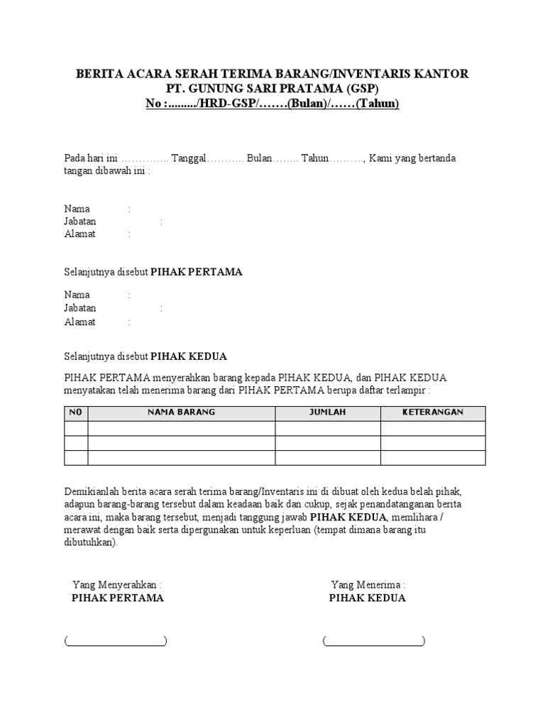 Form Serah Terima Inventaris Kantor | PDF
