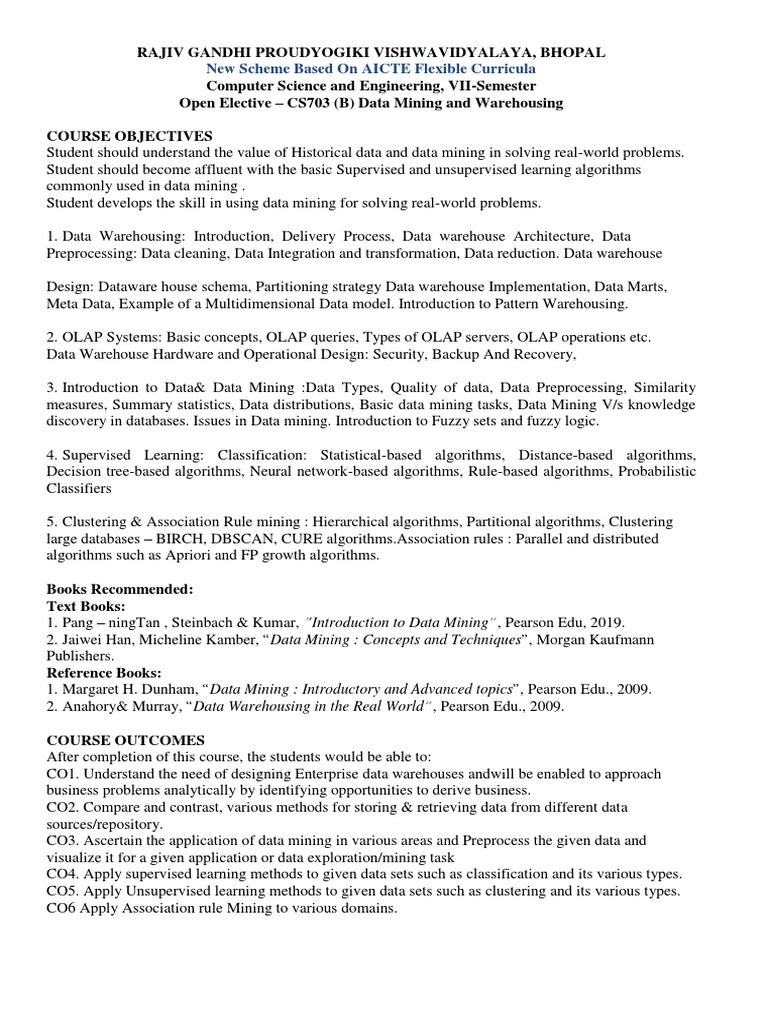 RGPV Syllabus Btech Cs 7 Sem cs703 B Data Mining and Warehousing | PDF ...