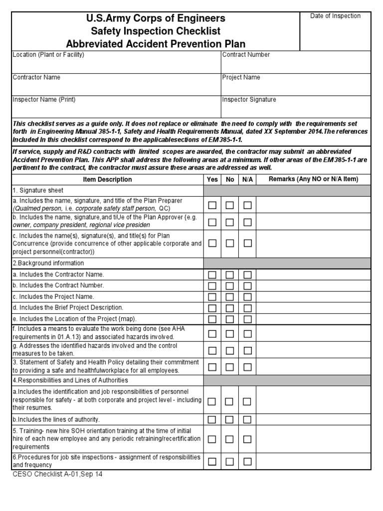 U.S.Army Corps of Engineers Safety Inspection Checklist Abbreviated ...