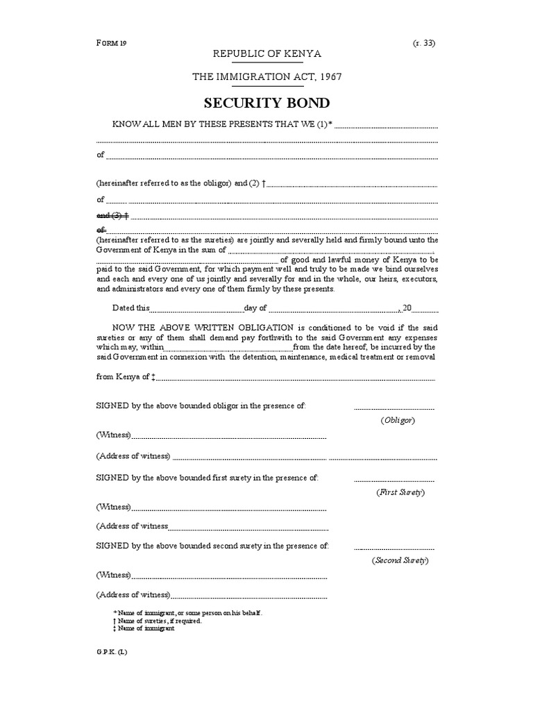 Immigration Security Bond Form Kenya | PDF | Surety | Civil Law (Legal ...