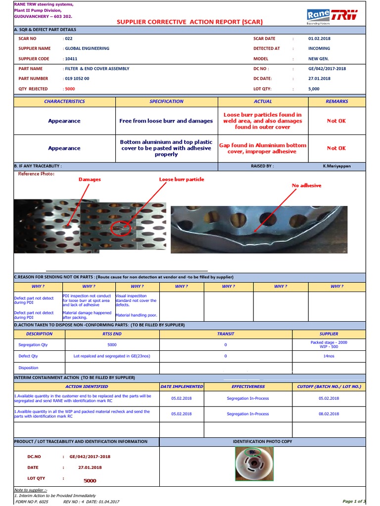 Supplier Corrective Action Report (Scar) : Characteristics ...