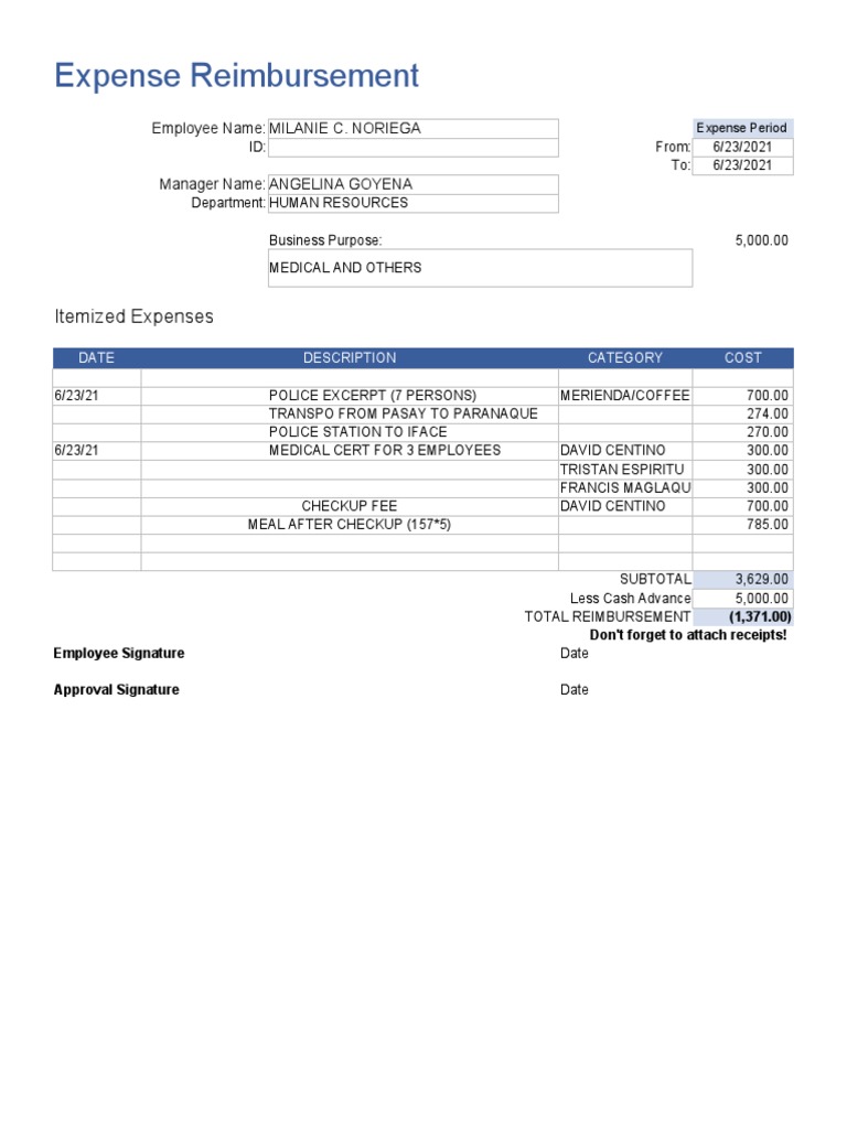 Expense Reimbursement: Itemized Expenses | PDF | Business | Wellness
