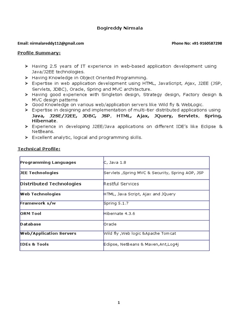 Java/J2EE Developer Profile Summary | PDF