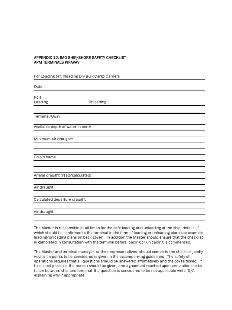 Appendix 12 - IMO Ship Shore safety checklist Form | Ships | Cargo