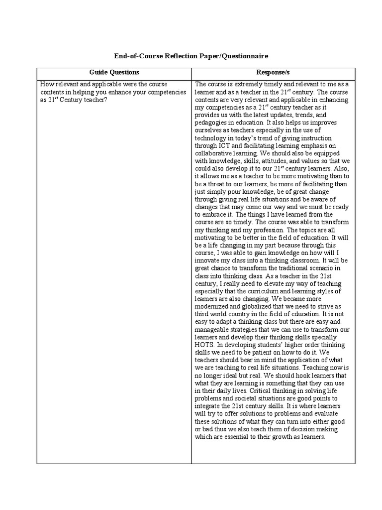 End-of-Course Reflection Paper/Questionnaire: Guide Questions Response ...