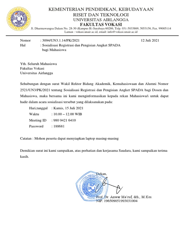 3094 Surat Undangan Sosialisasi SPADA Bagi Mahasiswa | PDF | Seni