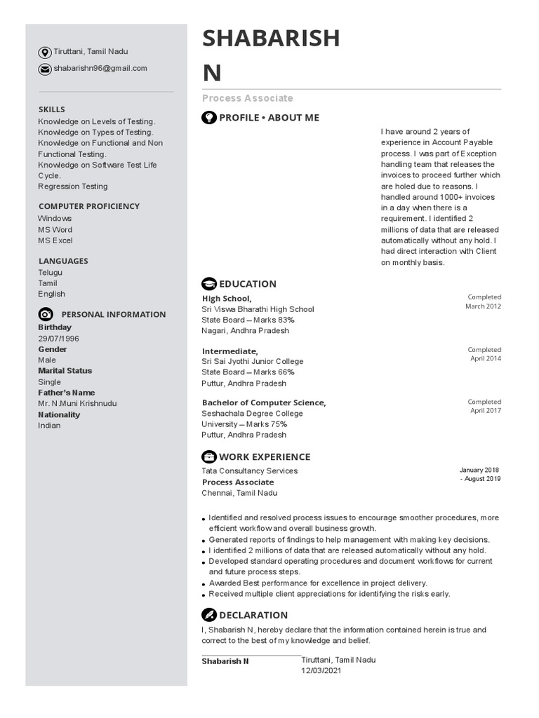 Shabarish Resume1 | PDF | Tamil Nadu | Accounts Payable