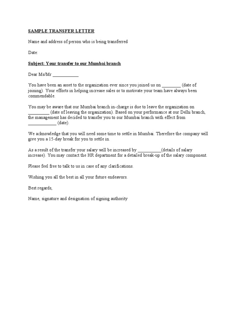 Employee Transfer Letter Sample | PDF