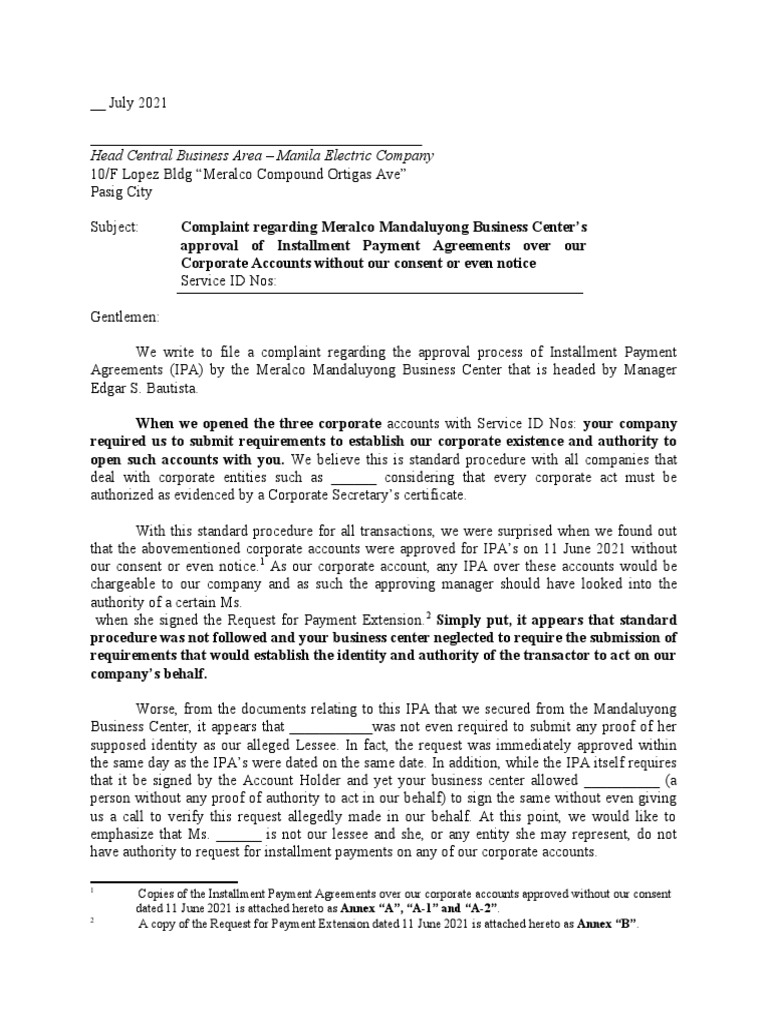 Letter Complaint - Meralco | PDF | Common Law | Government