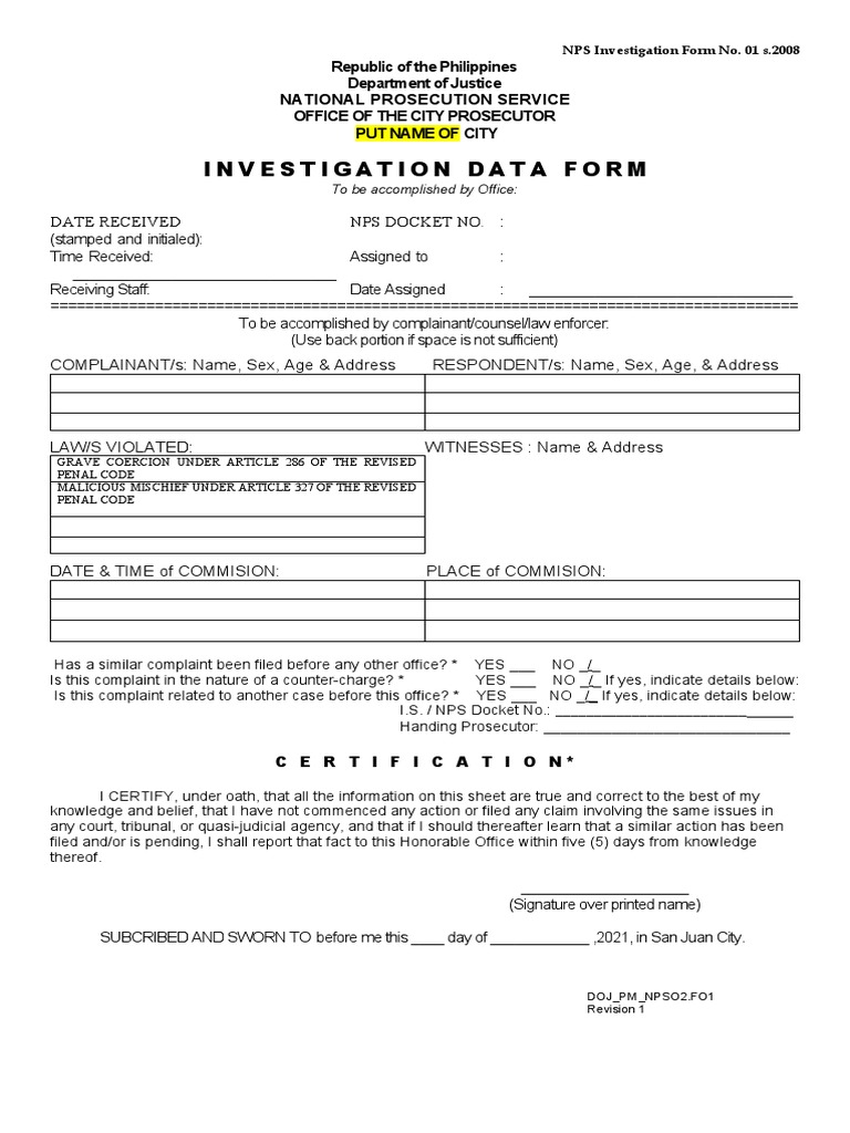 INVESTIGATION DATA FORM - DOJ Revision 1 V2 | PDF | Prosecutor | United ...