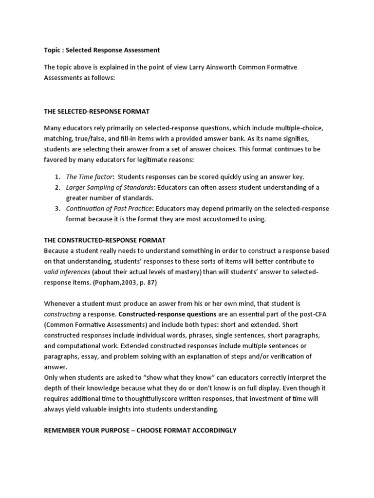 Topic: Selected Response Assessment | PDF | Multiple Choice ...