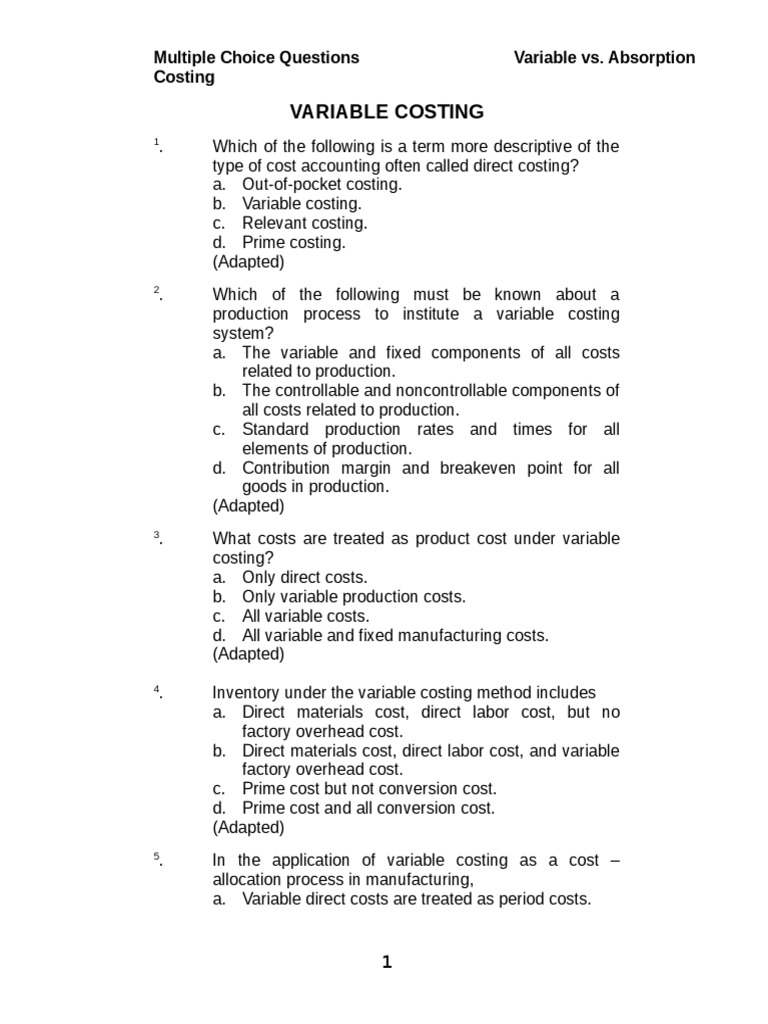 Multiple Choice Questions Variable vs. Absorption Costing | PDF | Gross Margin | Net Income