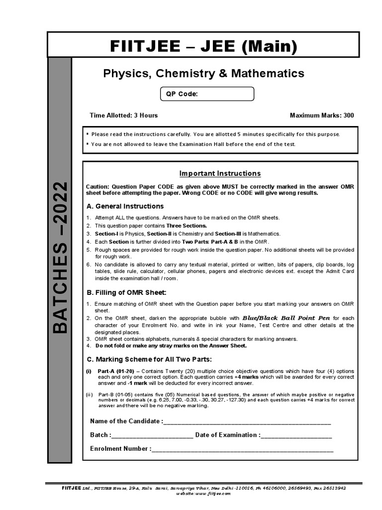 Fiitjee Phase Test 1 Jee Main Cm Batches Pdf Physical Sciences