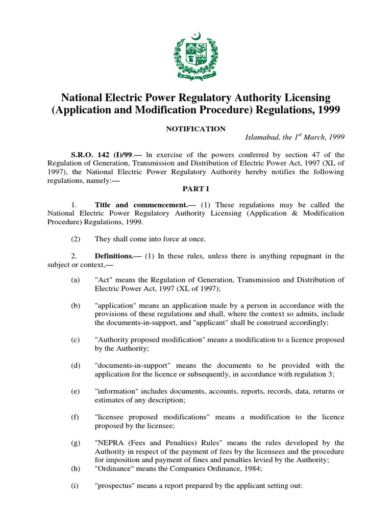 NEPRA Licensing (Application Modification Procedure) Regulations 1999 ...