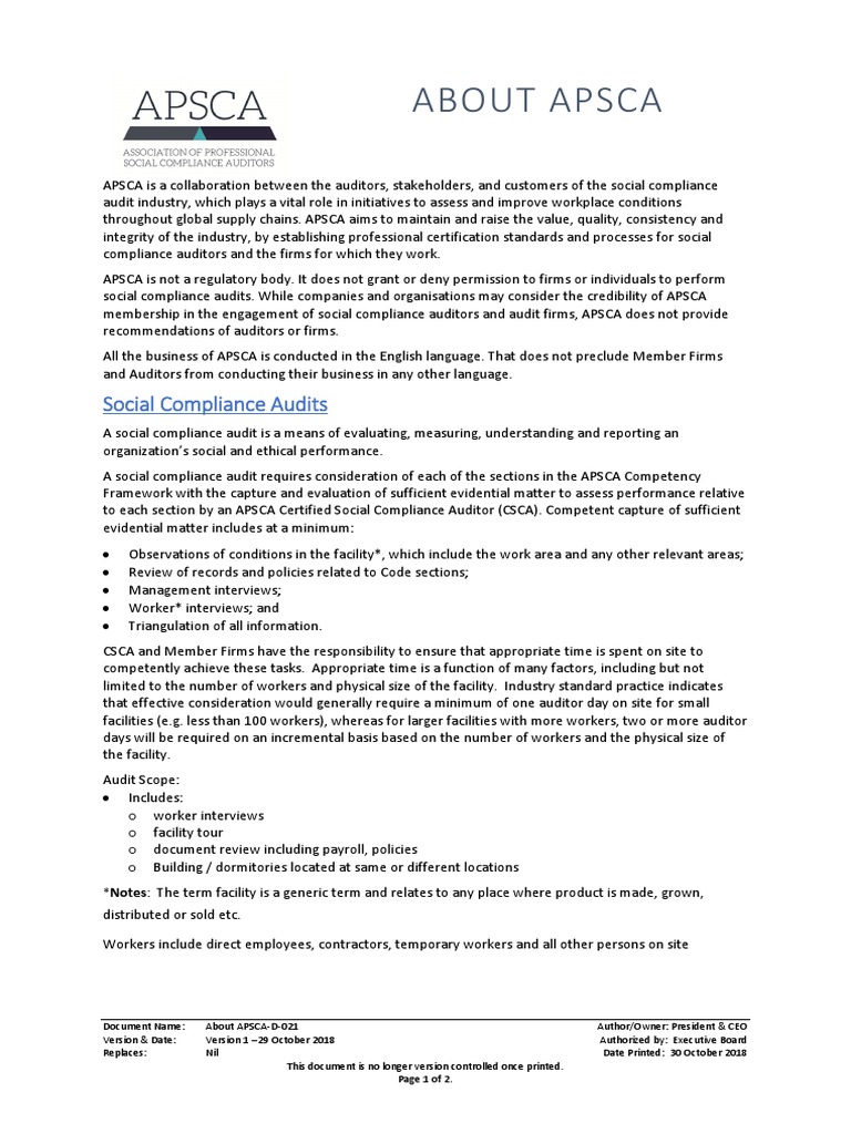 About APSCA D 021 | PDF | Regulatory Compliance | Audit