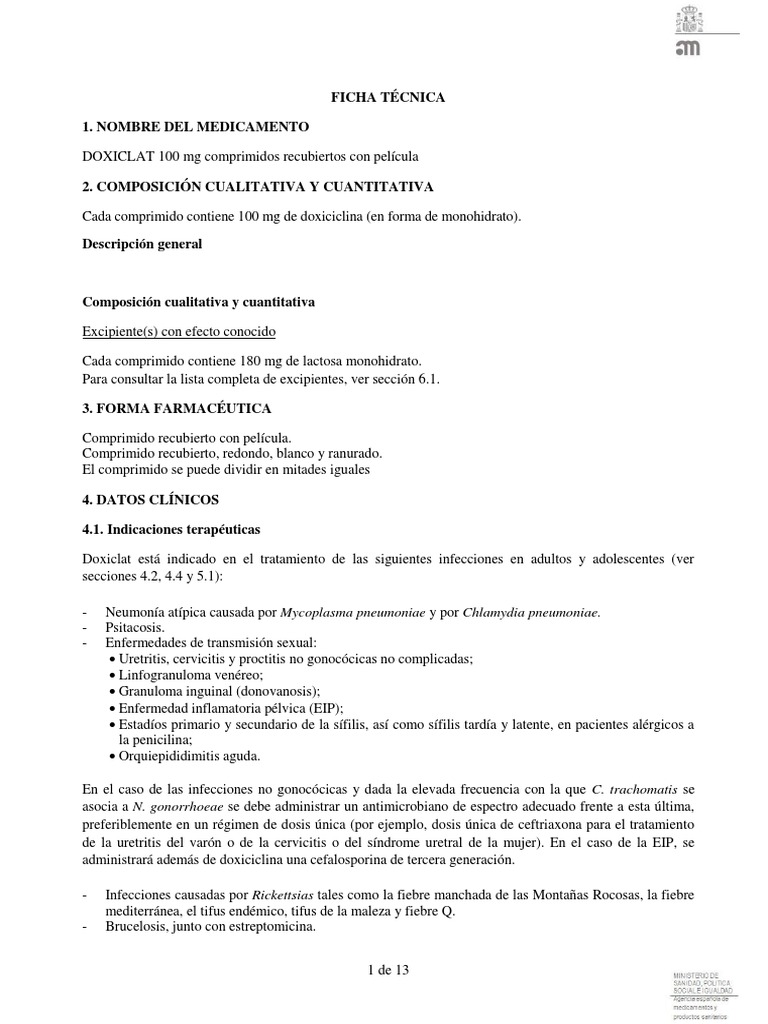Doxiclat 100 mg: Indicaciones y Dosificación | PDF | Enfermedades y ...