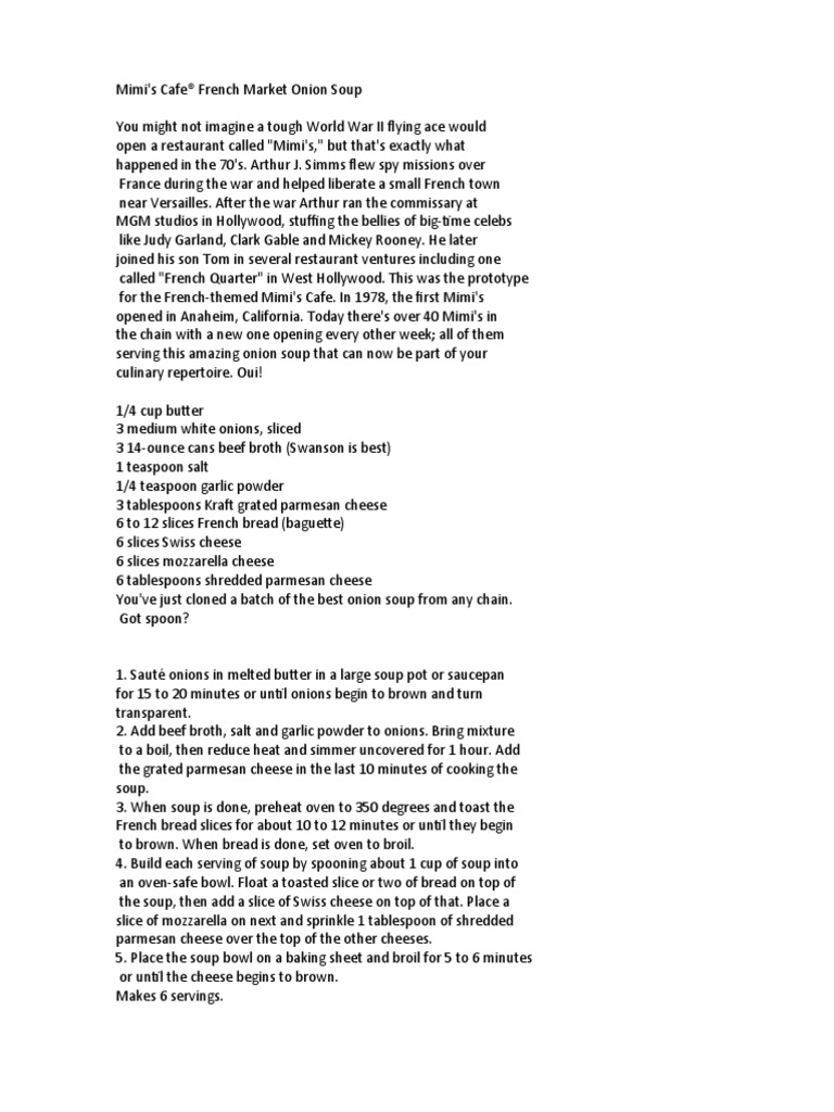 Mimi's Cafe French Onion Soup Recipe | PDF | History