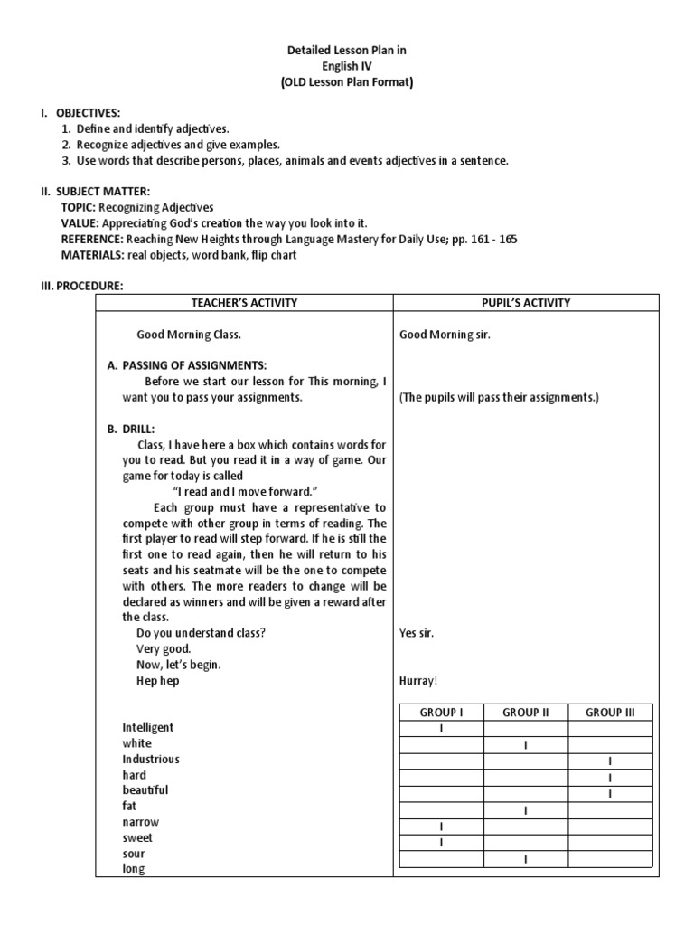 Detailed Lesson Plan | PDF | Adjective | Lesson Plan