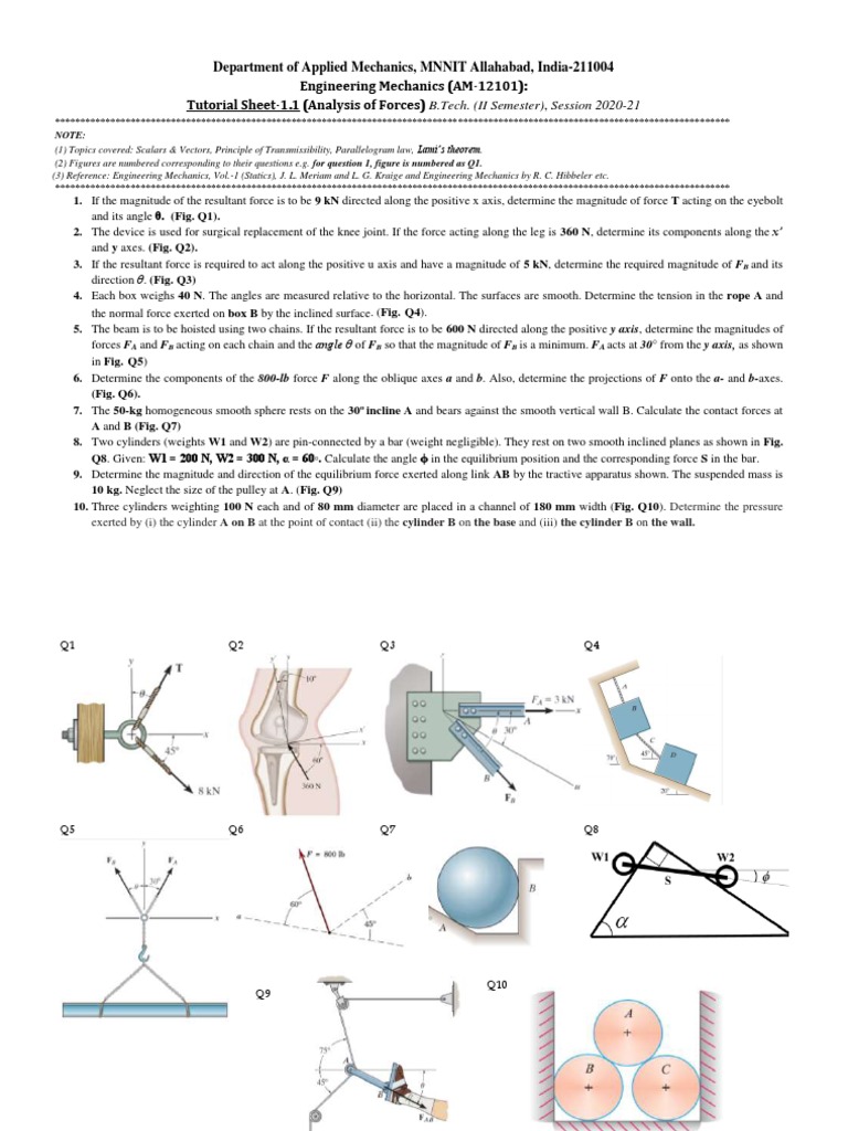 Tutorial Sheet - 1 (Analysis of Forces) - Engineering Mechanics ...
