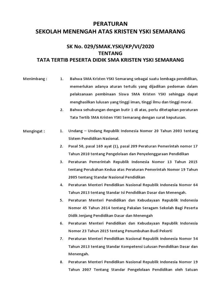 Tata Tertib 2020 Sma Kristen Yski Semarang | PDF