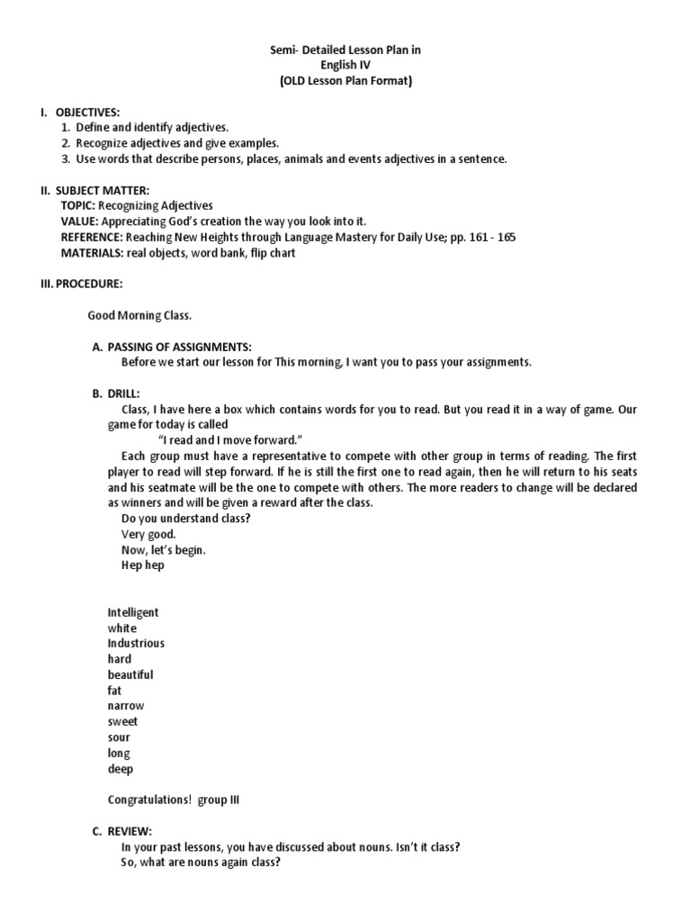 Semi-Detailed Lesson Plan | PDF | Adjective | Noun