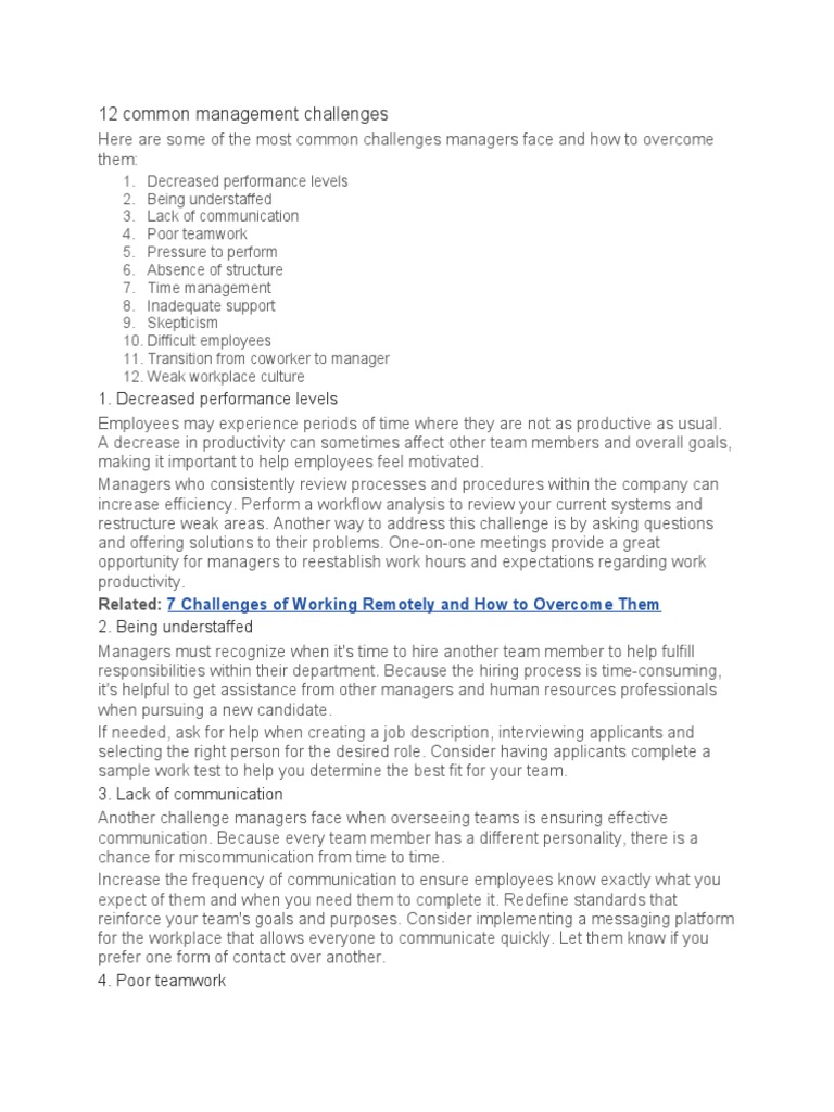 12 Common Management Challenges: 1. Decreased Performance Levels | PDF ...