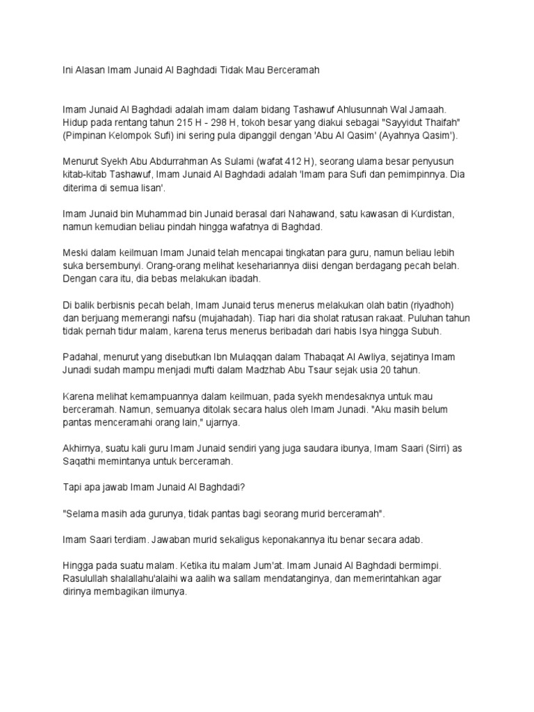 Ini Yang Menyebabkan Imam Junaid Al Baghdadi Mau Berceramah | PDF