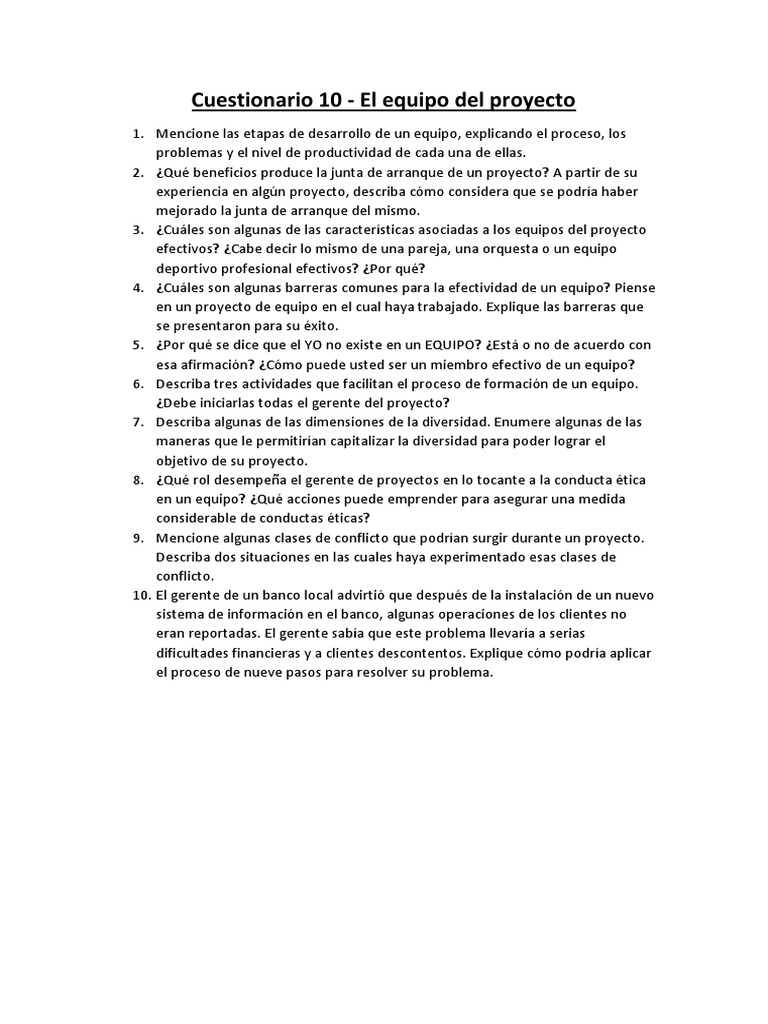 Cuestionario 10 - El Equipo Del Proyecto | PDF